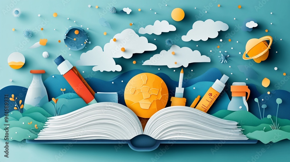 Science-themed papercut vector: school supplies flying from an open ...