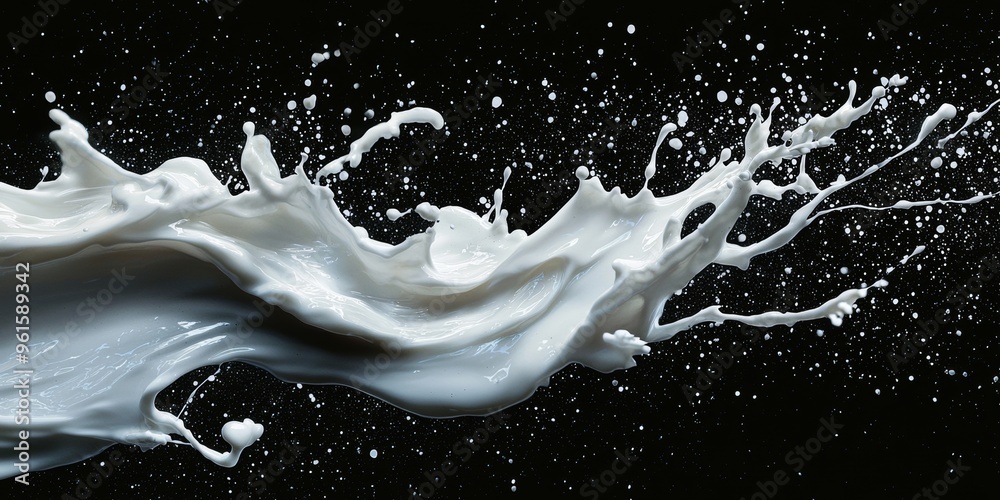Finely detailed white milk splashes in various shapes, floating against ...