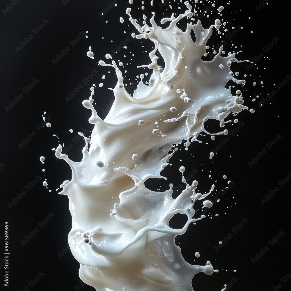 Multiple white milk splashes, each uniquely shaped and finely detailed ...