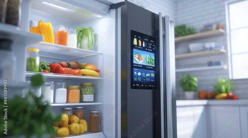 a modern smart refrigerator with digital screens on the door showing ...