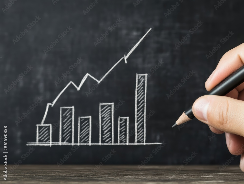 Close-up of a hand drawing a business growth chart on a chalkboard ...