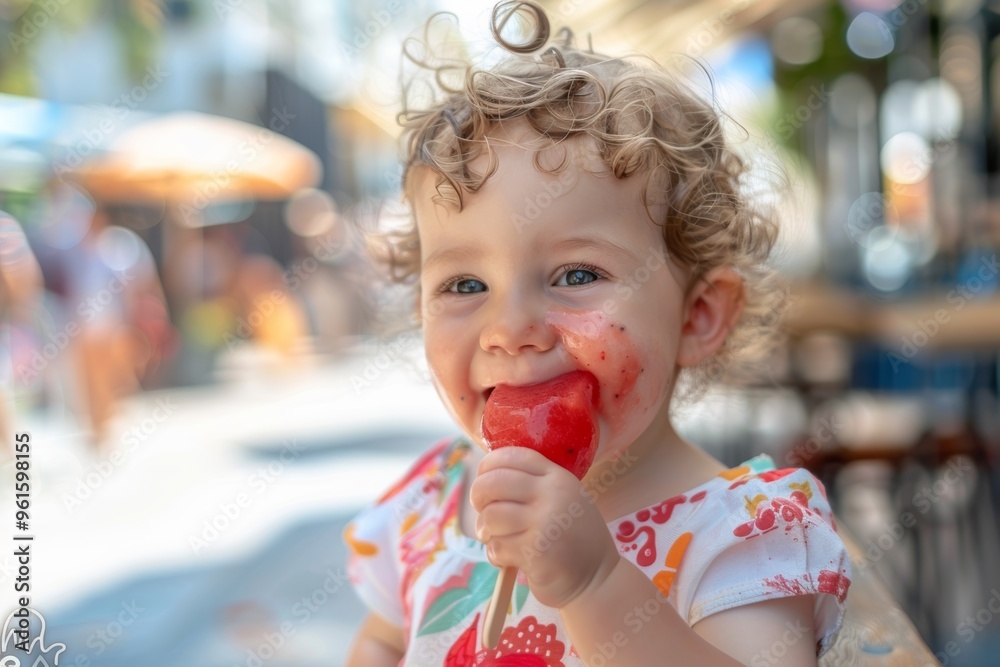 Playful child curly hair adorned soft lovely outfit. Ice cream makes ...