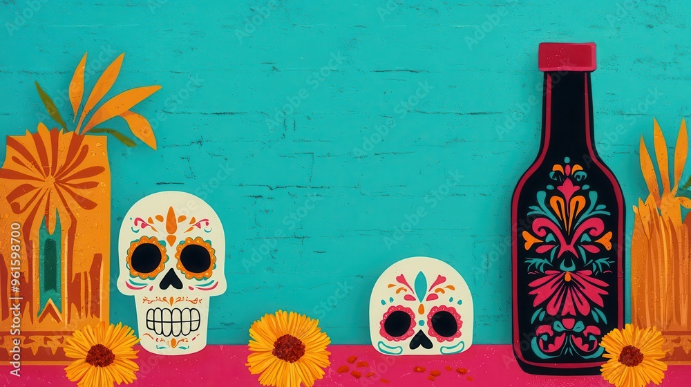 A festive meal of tamales, sugar skulls, and mole on a colorful table ...
