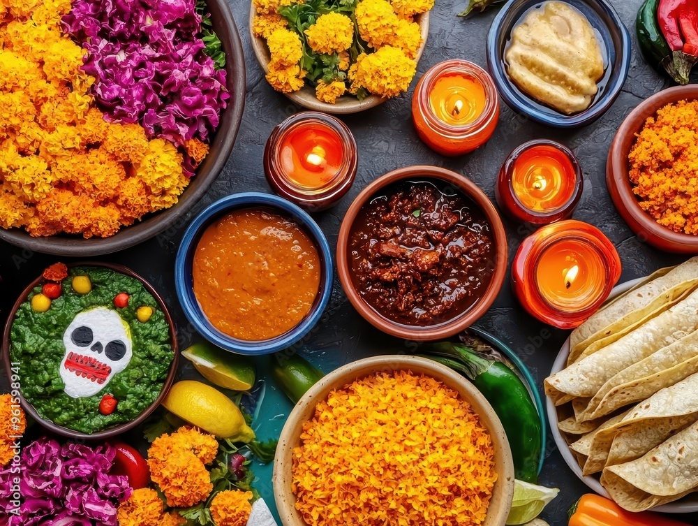 Colorful altar filled with food offerings like tamales, mole, and pan ...