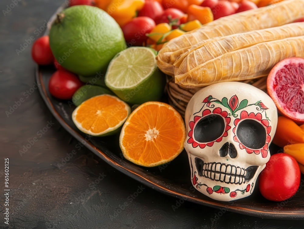 Sugar skulls and seasonal fruits arranged beautifully on a Day of the ...