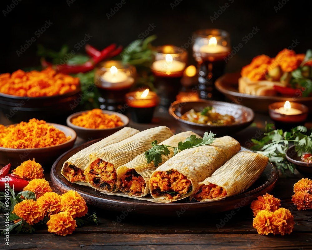 Traditional Mexican tamales and sweet bread laid out on a decorated ...