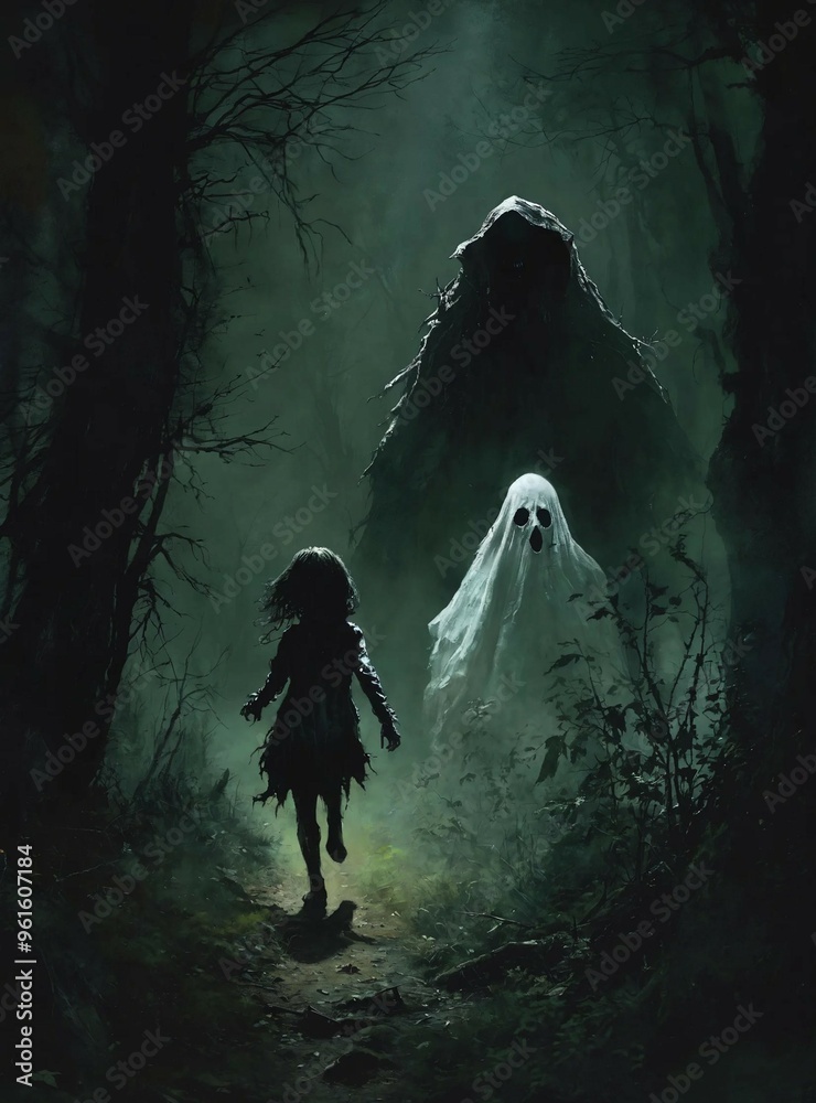 Creepy looking ghost in dark forest, boy looking in front of girl ...