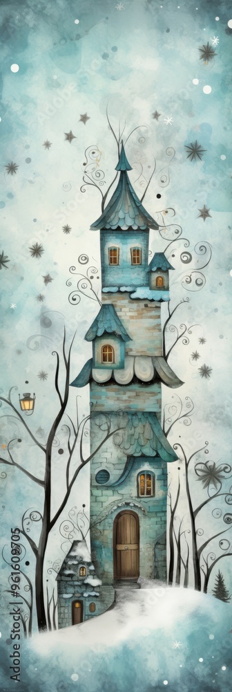 Whimsical tall tower in a wintery fantasy landscape, with intricate ...