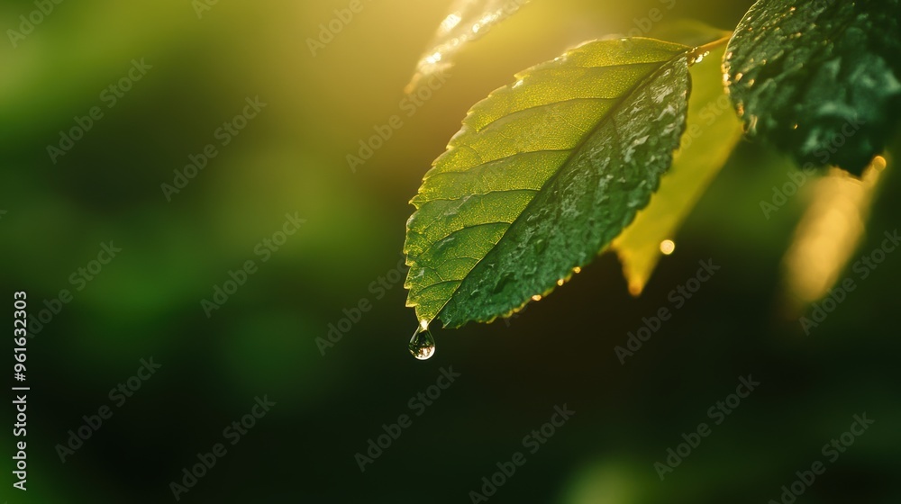 Water drop falling from a leaf after a rain shower caught mid-air with ...