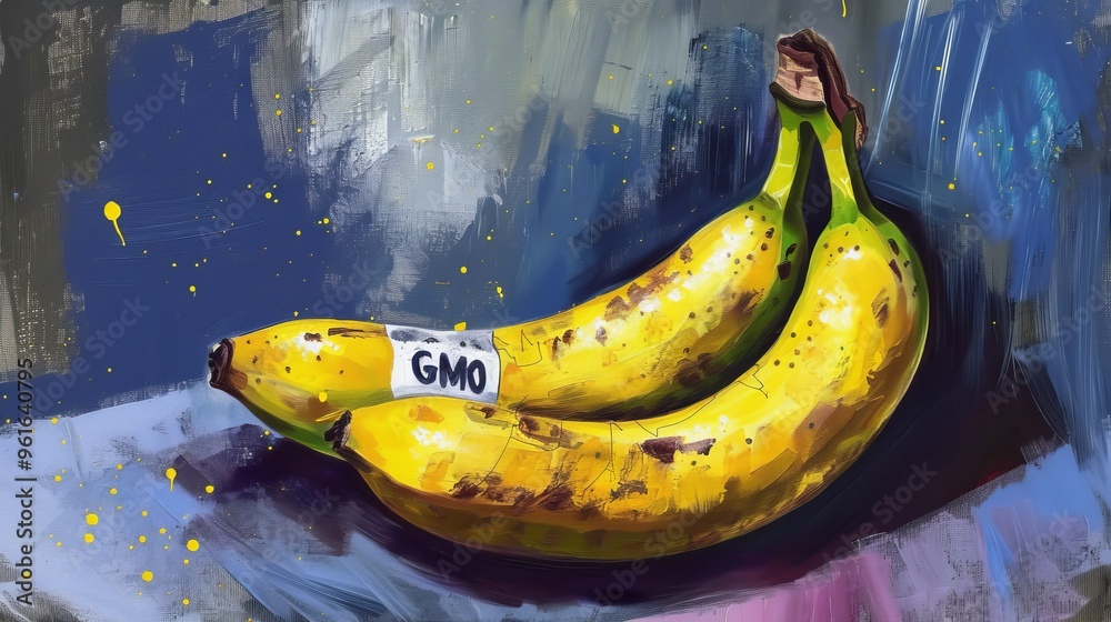 A vibrant digital painting features two ripe bananas with a GMO label. The artistic style blends ...