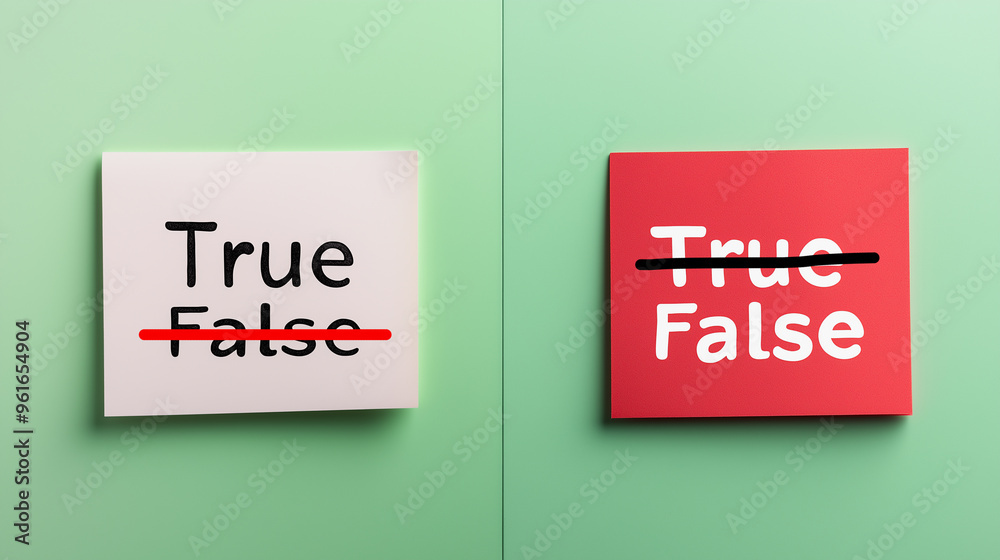 True and false check marks on sticky notes, concept of right and wrong ...