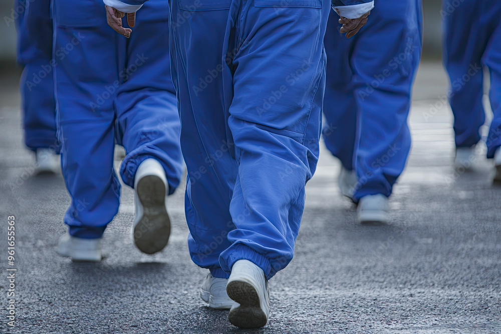 A line of prisoners, clad in blue, walks silently, their footsteps ...