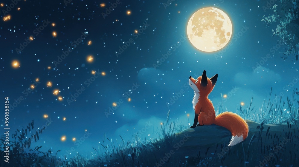 A cute cartoon fox sitting on a hill under a starry night sky, gazing ...