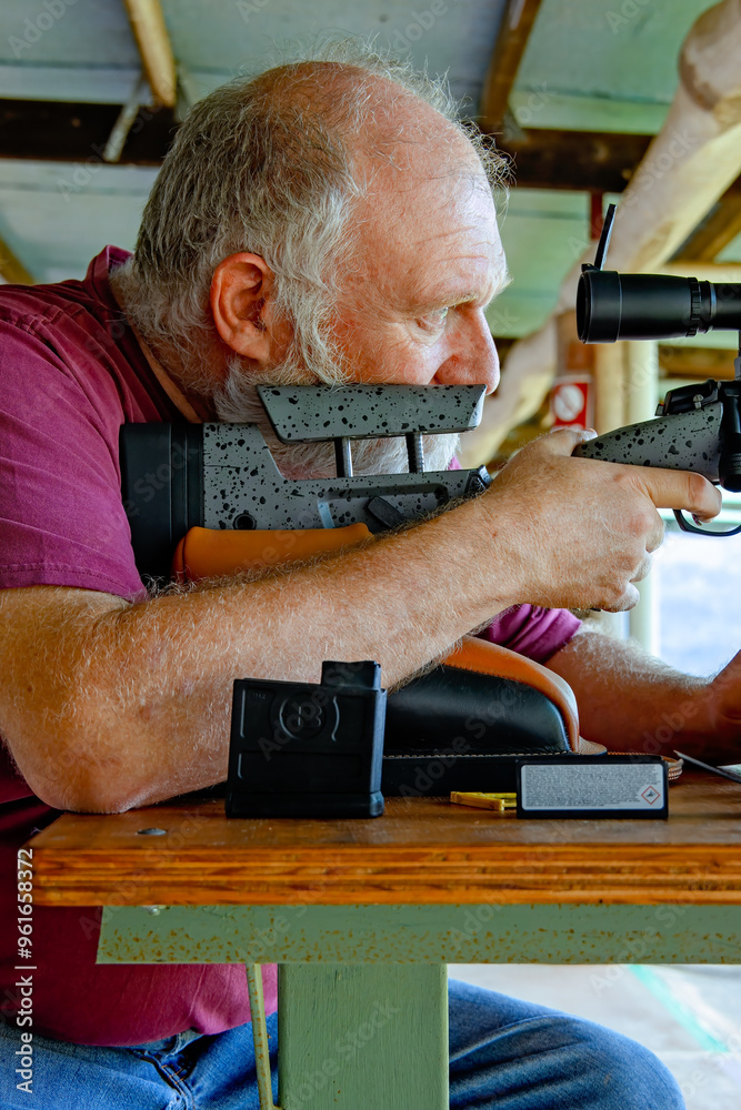 Rifle gun target shooting, old older man bench rest sport sports ...