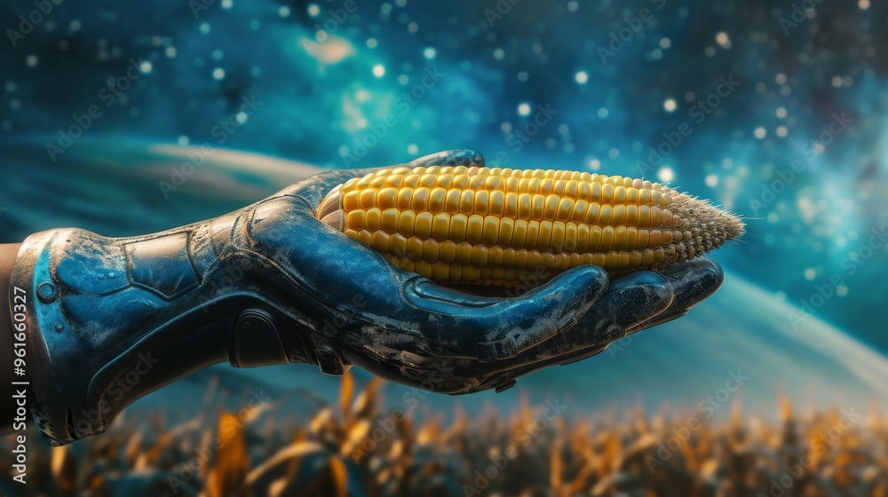 An eye-catching scene of a robotic hand holding an ear of corn, set ...