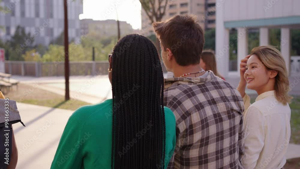 Back view of group of diverse young students strolling carefree looking ...