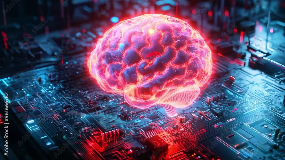 Holographic red human brain rotating above a glowing printed circuit ...