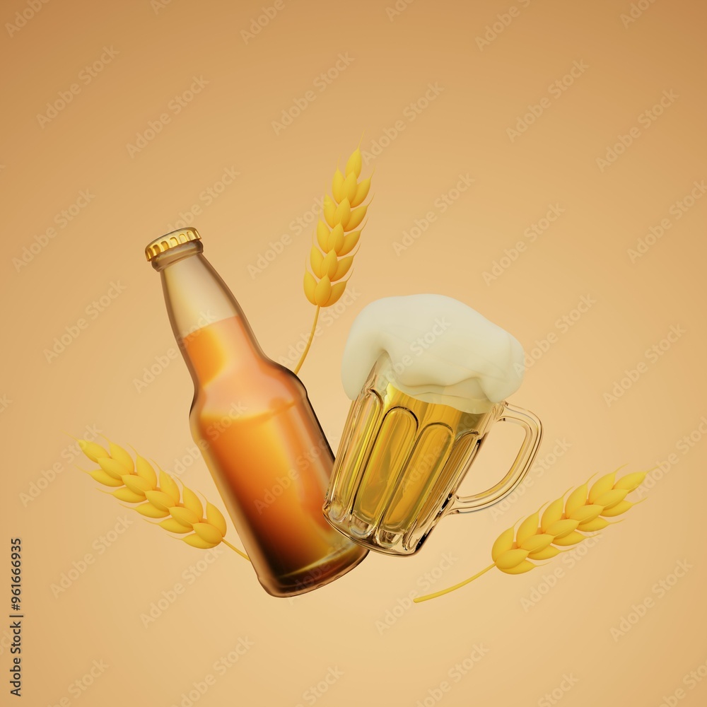 Realistic beer bottle with a mug of foamy beer and ears of wheat. Set ...