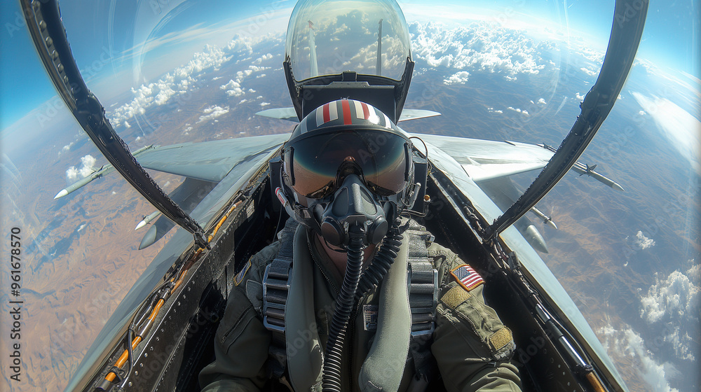 Pilot in cockpit of fighter jet, wearing flight gear, airborne. Stock ...