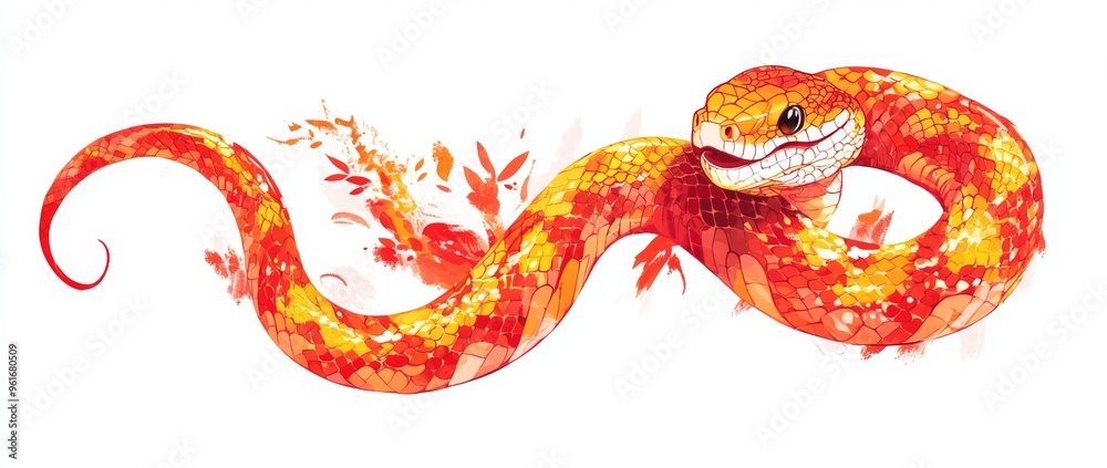 Red and white snake with floral ornaments on the skin of the Chinese ...