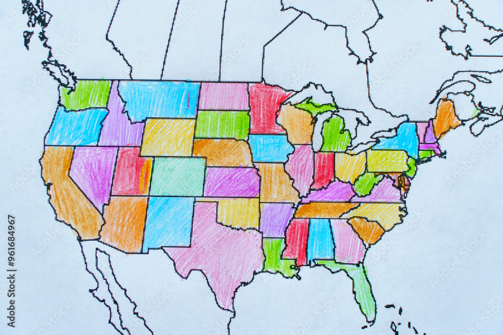 Drawn Map of the USA. Colored Map of America for Kids with Pencils ...