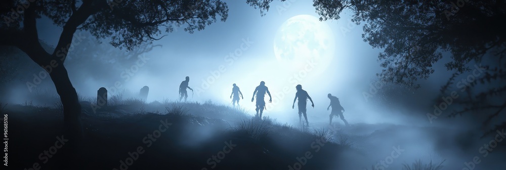 Silhouettes of Zombies Walking Toward a Full Moon in a Foggy Forest ...