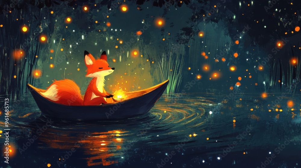 Charming cartoon fox sailing on a tiny boat through a glowing river at ...
