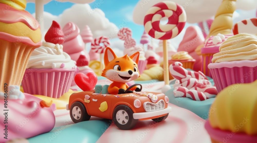 Cute cartoon fox driving a tiny, candy-themed car through a land of ...