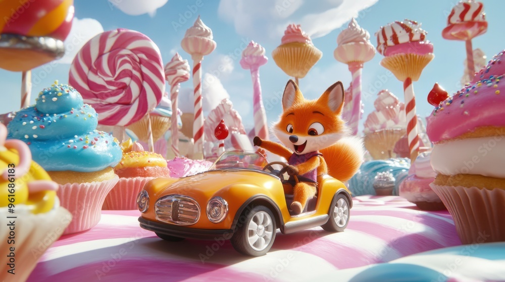 Cute cartoon fox driving a tiny, candy-themed car through a land of ...