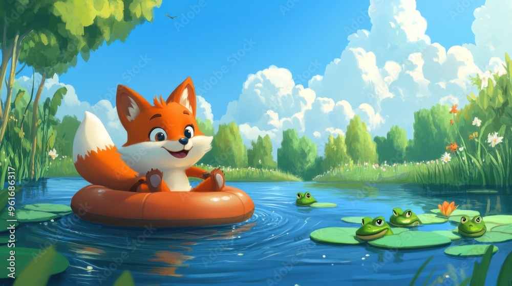 Cute cartoon fox floating on a raft down a lazy river, surrounded by ...