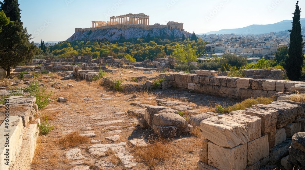 ภาพประกอบสต็อก Empty Acropolis of Athens, Greece, with a clear view of ...