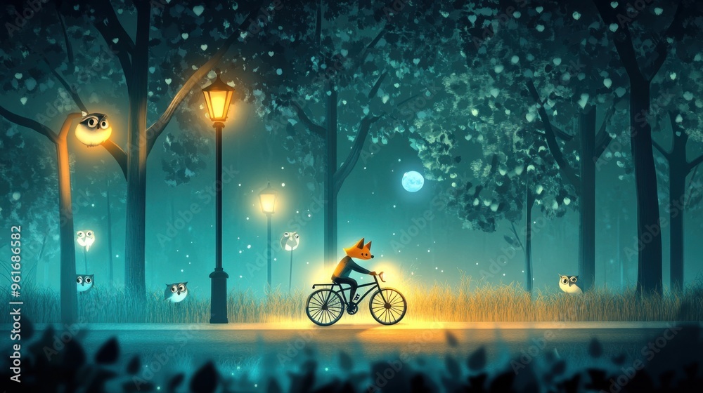 Cute cartoon fox riding a glowing bicycle through a quiet, moonlit park ...