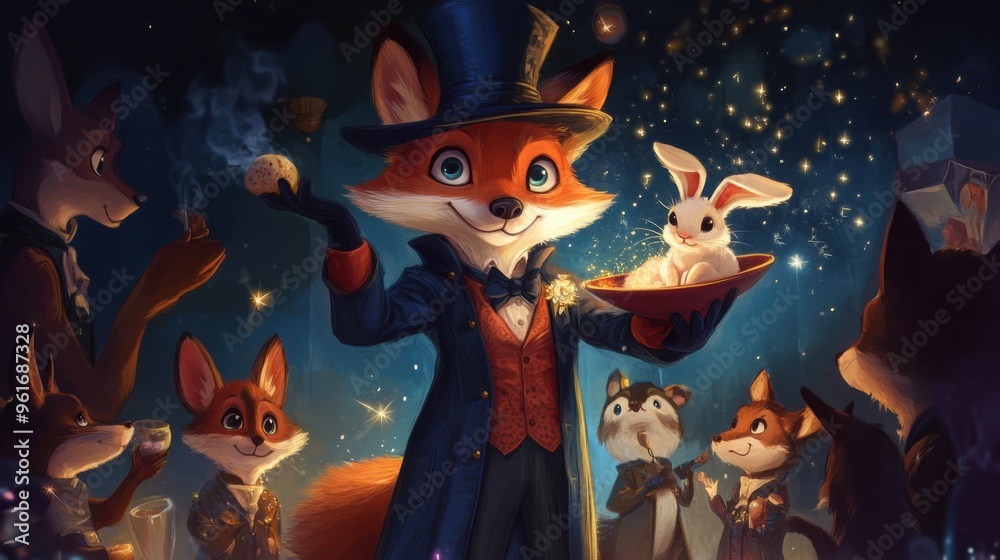 Playful cartoon fox dressed as a magician, pulling a rabbit out of a ...