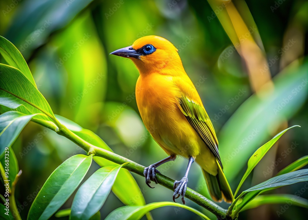 A vibrant yellow bird perches effortlessly amidst the lush, vibrant greenery of Rio's tropical ...