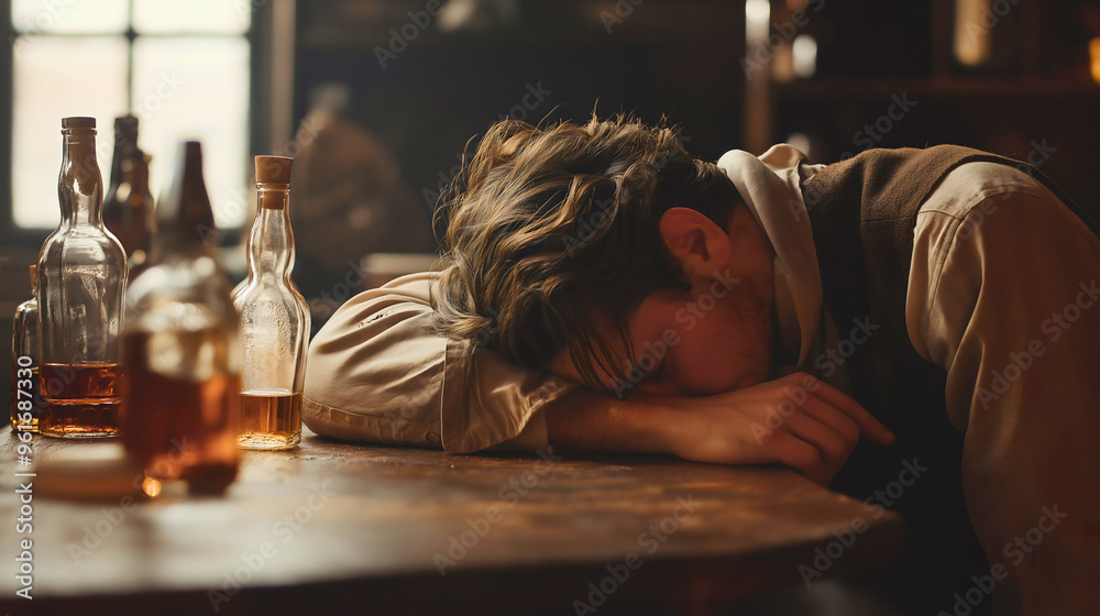 Depressed, lonely man leaning on bar counter, glass bottle whiskey ...