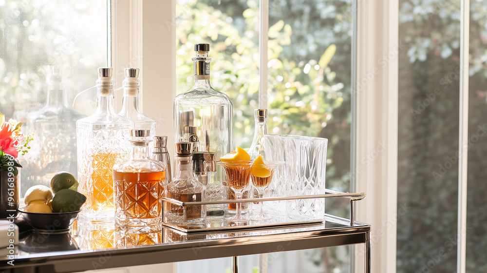 A chic home bar setup with a mirrored bar cart, crystal decanters, and ...