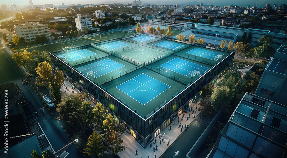 Foto de Aerial high view, three futsal courts are installed on the roof ...