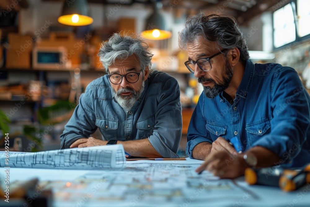 Engineers collaborating on a complex blueprint in a modern office ...