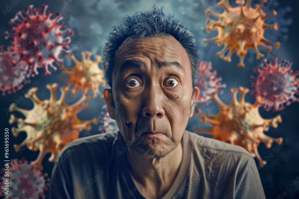 Middle-aged asian man tension-filled expression faces gathering. Uneasy ...