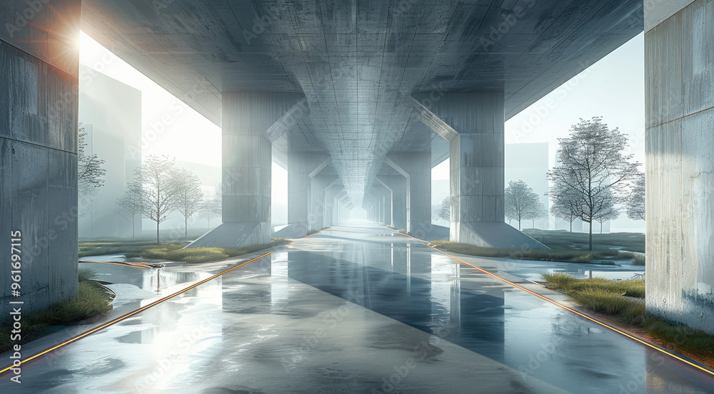 Architectural render of a low, long pedestrian underpass crossing ...