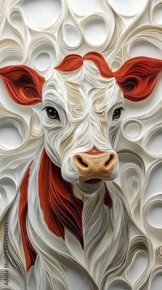 Paper art style, a cow in layered paper cutouts with soft curves and ...