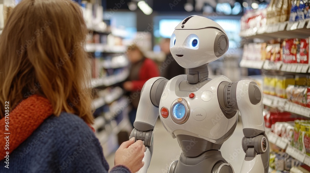 Robot shopping in a futuristic grocery store scene with a young woman ...