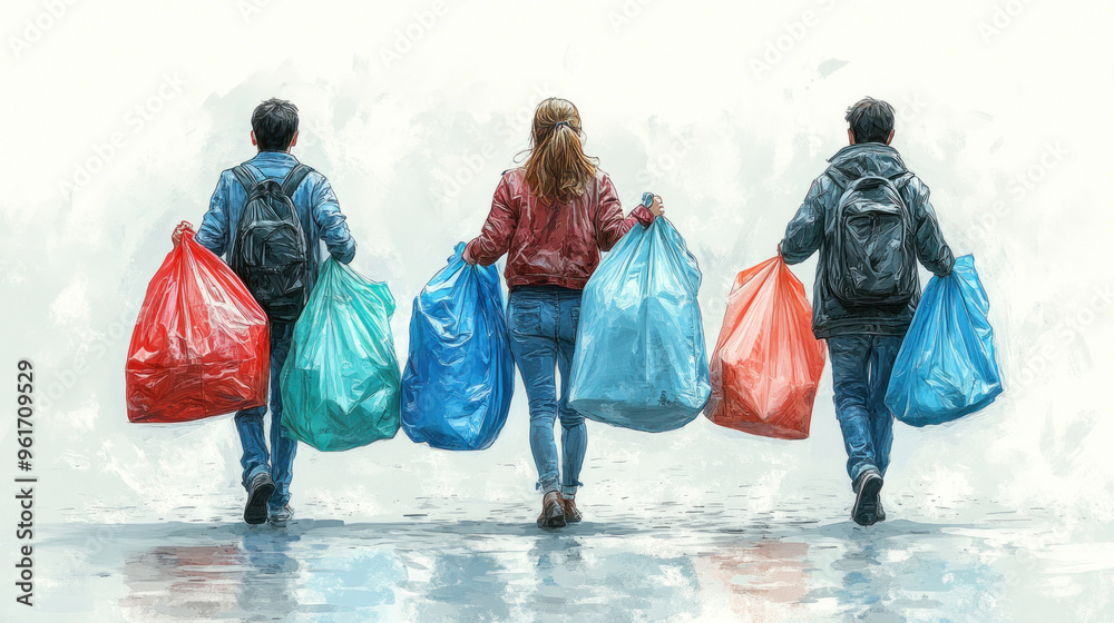 Depictions of people struggling with multiple plastic bags, showing the ...