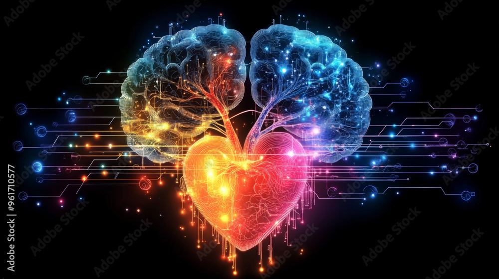 A frontal view illustration of a brain and heart connected by nerves ...