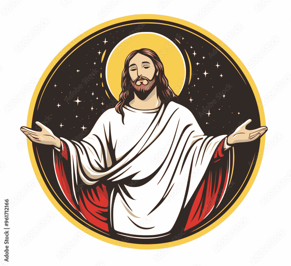 Logo of Jesus with outstretched arms inside a golden circle, in a ...