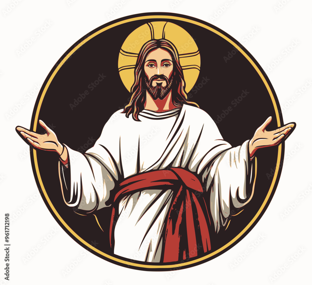 Logo of Jesus with outstretched arms inside a golden circle, in a ...