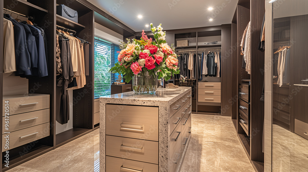Walk-in closet with marble flooring, featuring a stylish center island ...