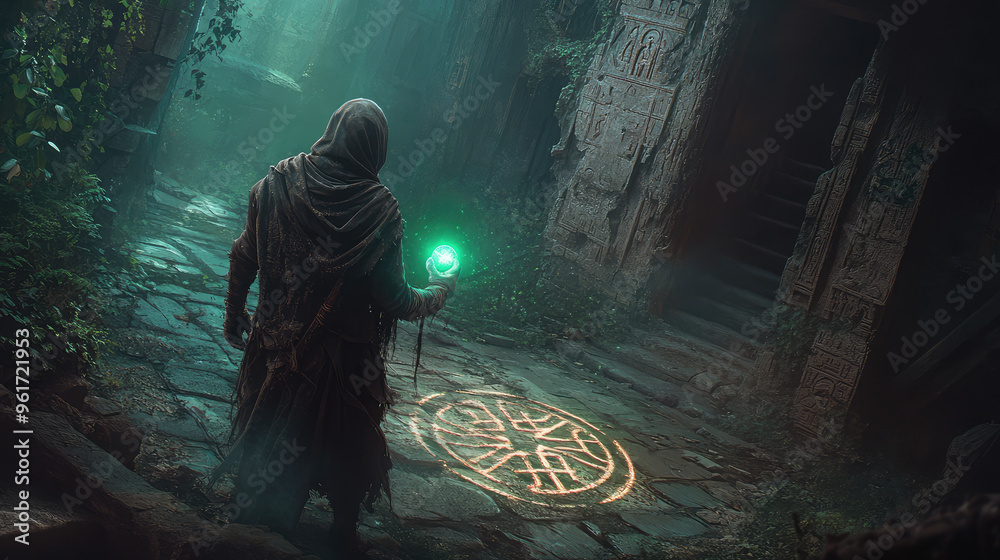 An undead sorcerer with decayed skin, holding a glowing orb, standing ...