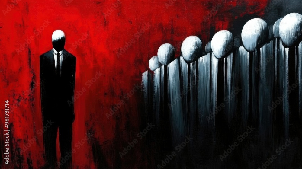 Abstract painting depicting figures in suits with featureless faces ...