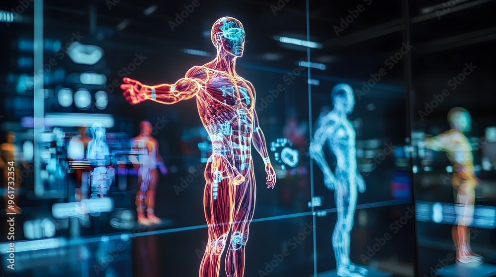 Holographic display showcasing the detailed workings of advanced muscle ...